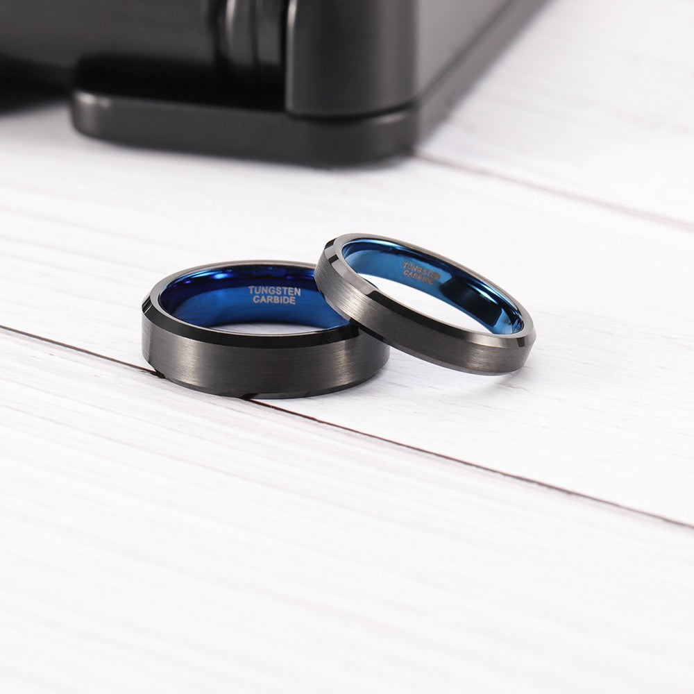 Tungsten Couple Rings Black and Blue with Brushed Center – Findurings