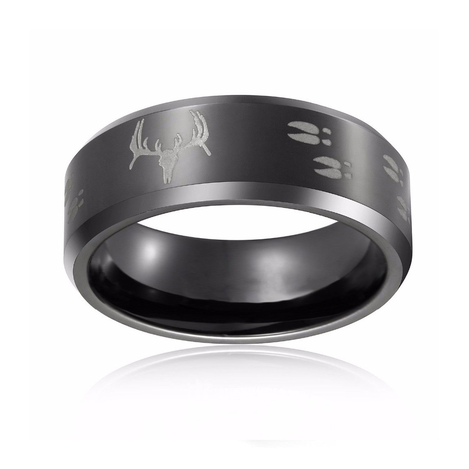 Laser Etched Deer Head Scene Black Mens Tungsten Hunting Rings – Findurings