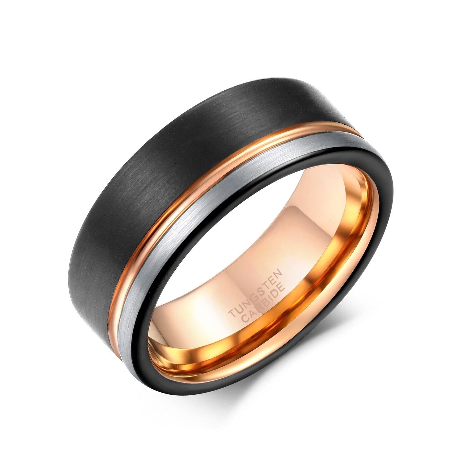 Rose Gold Line Ring & Black Edge and Silver Brushed Tungsten Carbide W ...